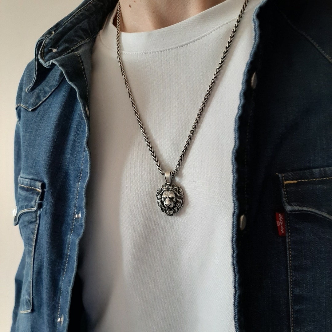 Wild Lion Head Pendant With Fleur De Lis, 2.5mm Braided Wheat Neck ...