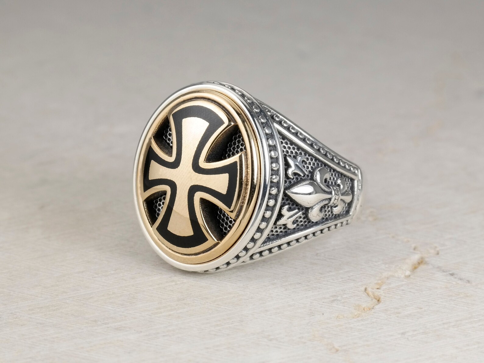 Maltese Cross Fleur De Lis Signet Man Ring, Oxidized Sterling Silver ...