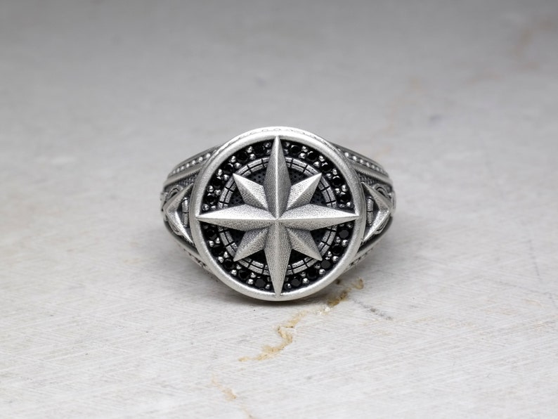 Round Signet Ring North Star Compass Wind Rose Real Sterling - Etsy
