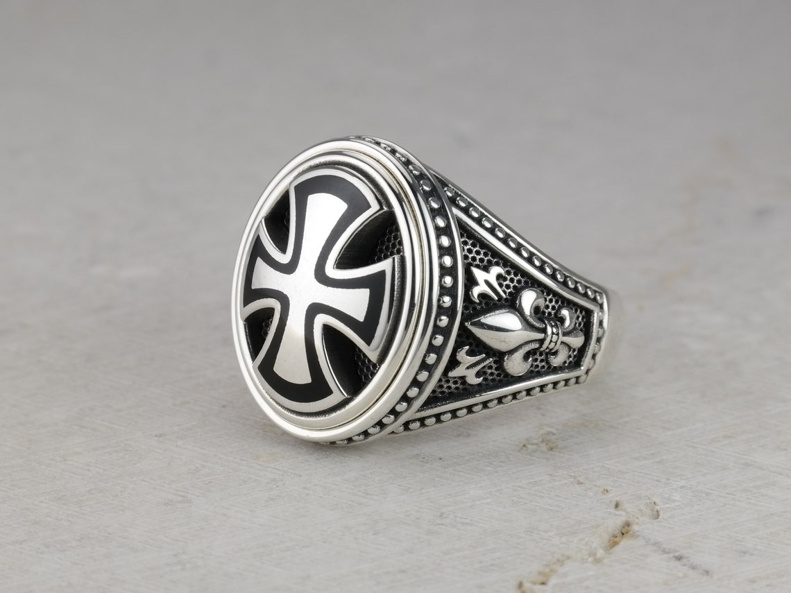 Maltese Cross Fleur De Lis Signet Man Ring Oxidized Sterling - Etsy