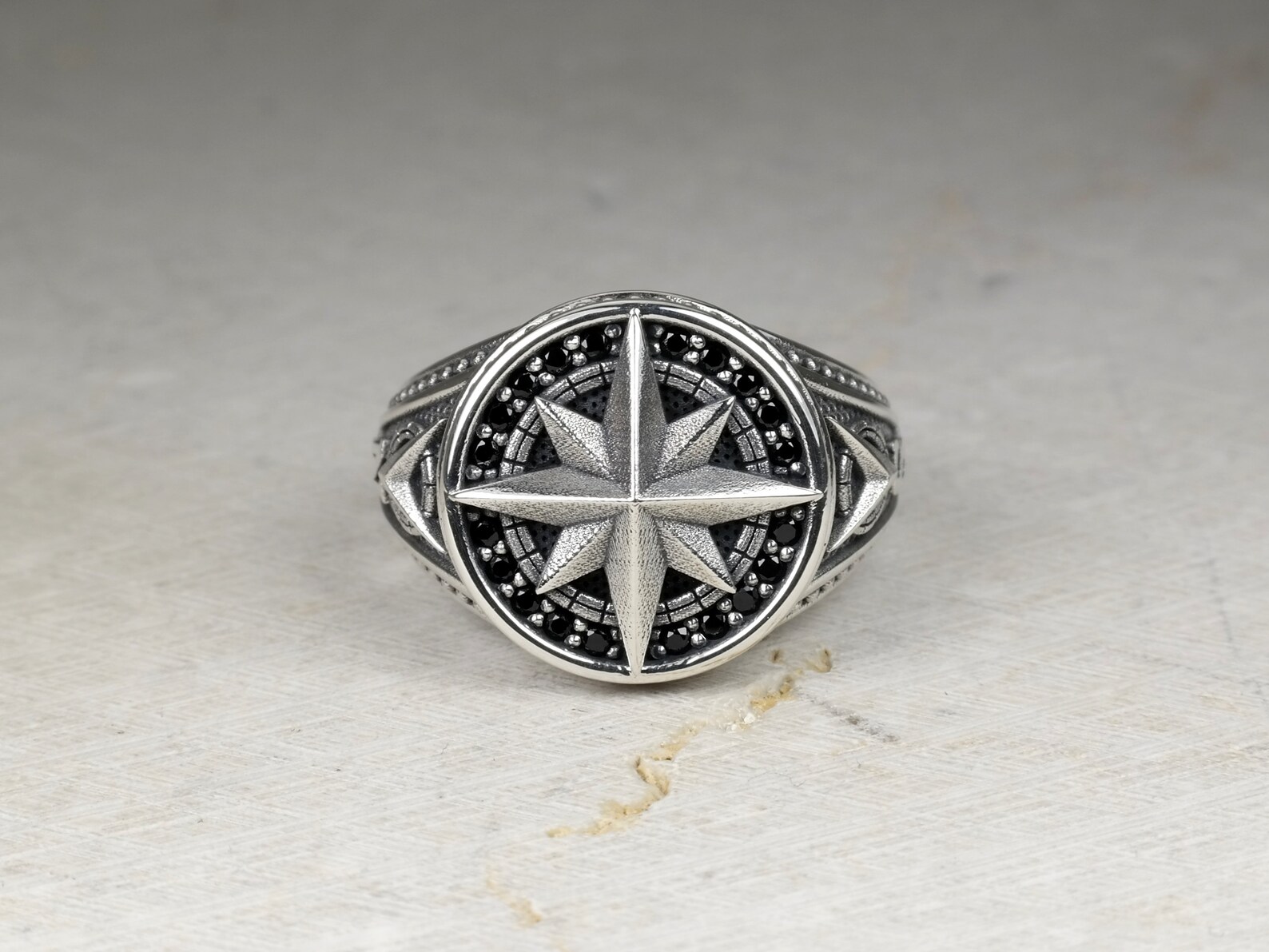 Round Signet Ring North Star Compass Wind Rose Real Sterling - Etsy