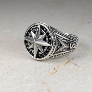 Round Signet Ring North Star, Compass Wind Rose, Real Sterling Silver ...
