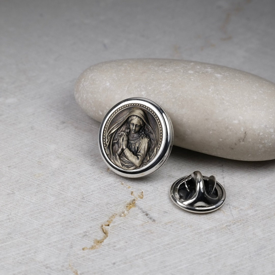 Round Brooch Pin Virgin Mary, Holy Mother Lapel Badge, Real Sterling ...