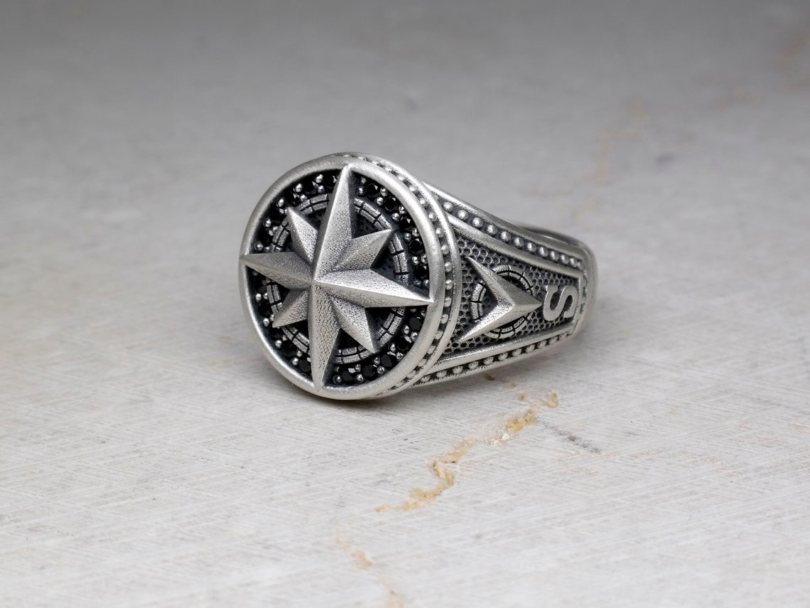 Round Signet Ring North Star Compass Wind Rose Real Sterling - Etsy