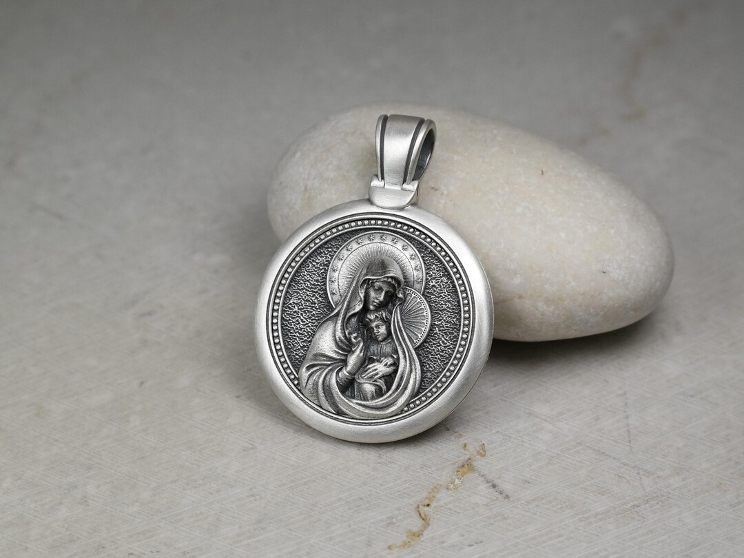 Holy Mother and Baby Jesus Pendant, Virgin Mary Necklace, Braided Wheat ...