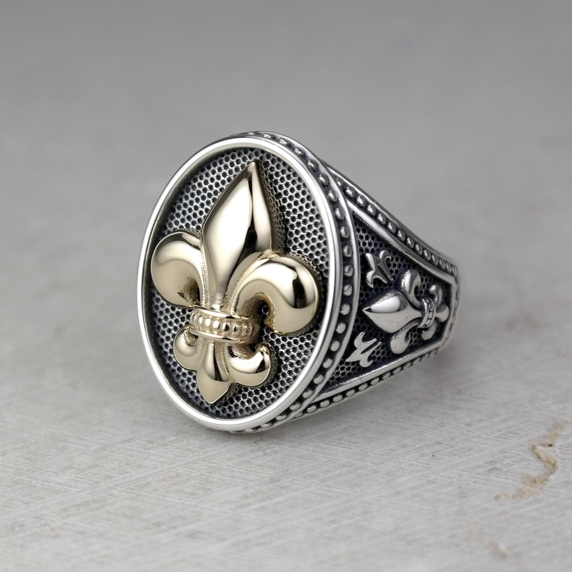 Fleur De Lis Oval Signet Ring in Sterling Silver, Bronze and Yellow ...