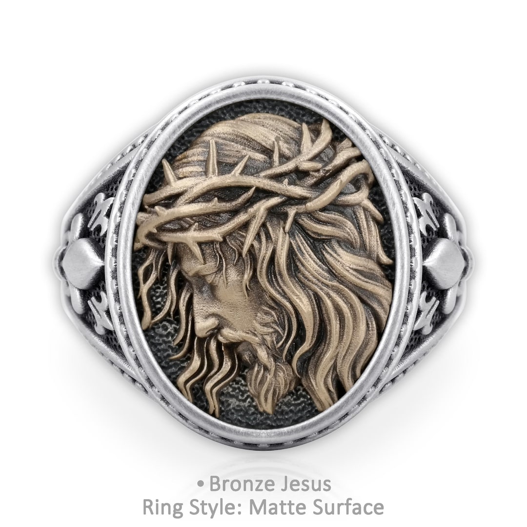 Mens Silver Signet Ring With Jesus Christ Face and Ringside View Fleur ...