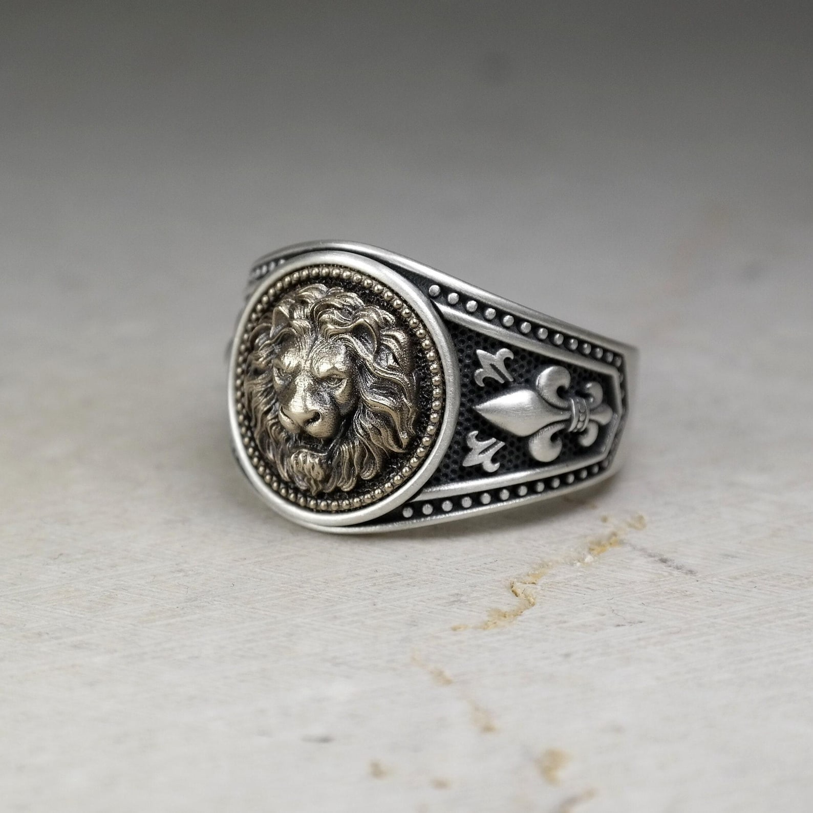 Men's Signet Ring With Bronze Lion Head, Fleur De Lis Band Ring, Leo ...