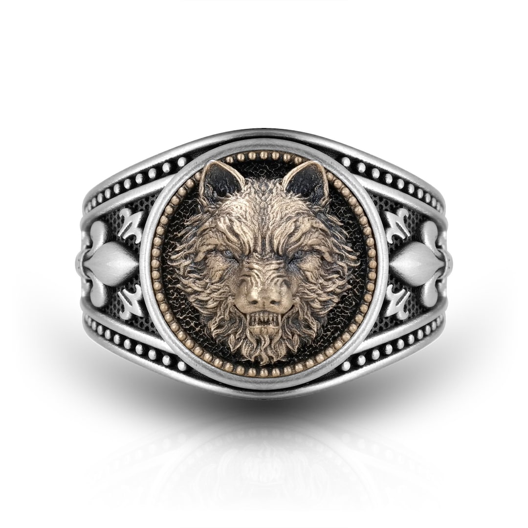 Wolf Ring With Silver or Bronze Alpha Wolf Head, Fleur De Lis Ring Side ...