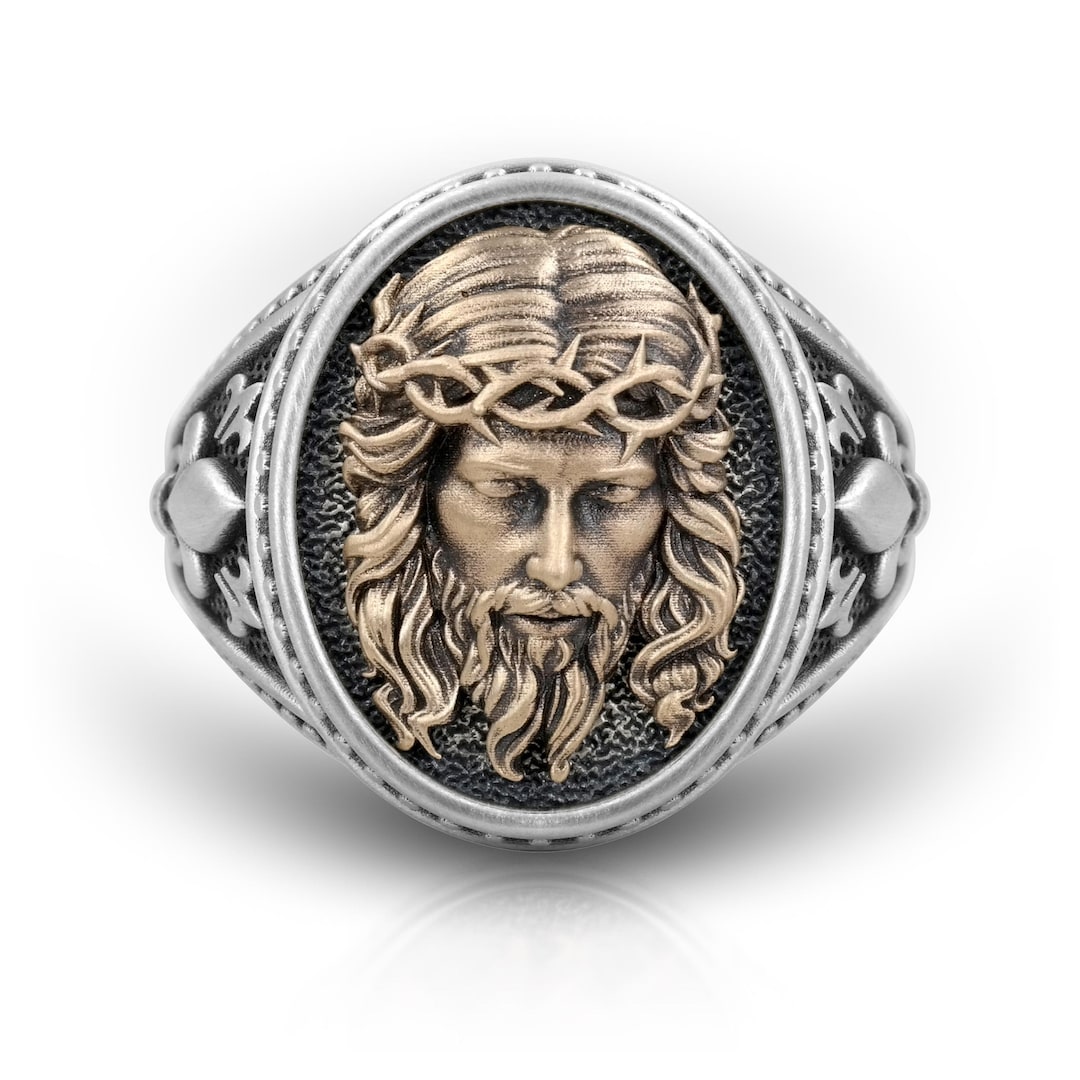 Men's Signet Ring With Jesus Christ Face and Ringside View Fleur-de-lis ...