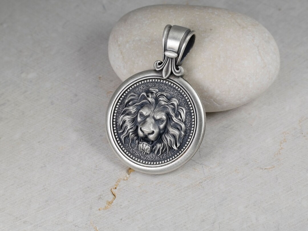 26 Mm Round Lion Head Pendant With Fleur De Lis, Braided Wheat Neck ...