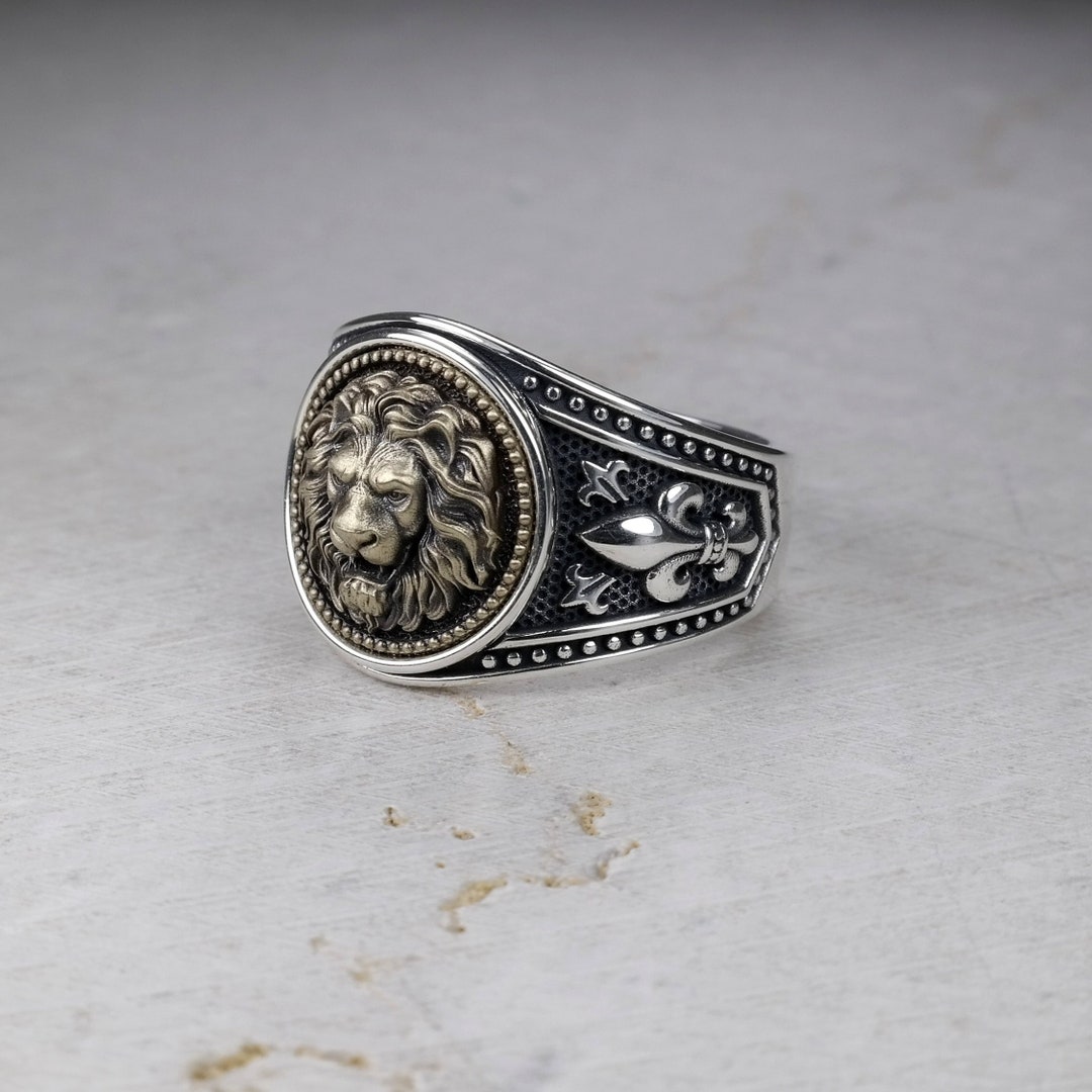 Men's Signet Ring With Bronze Lion Head, Fleur De Lis Band Ring, Leo ...