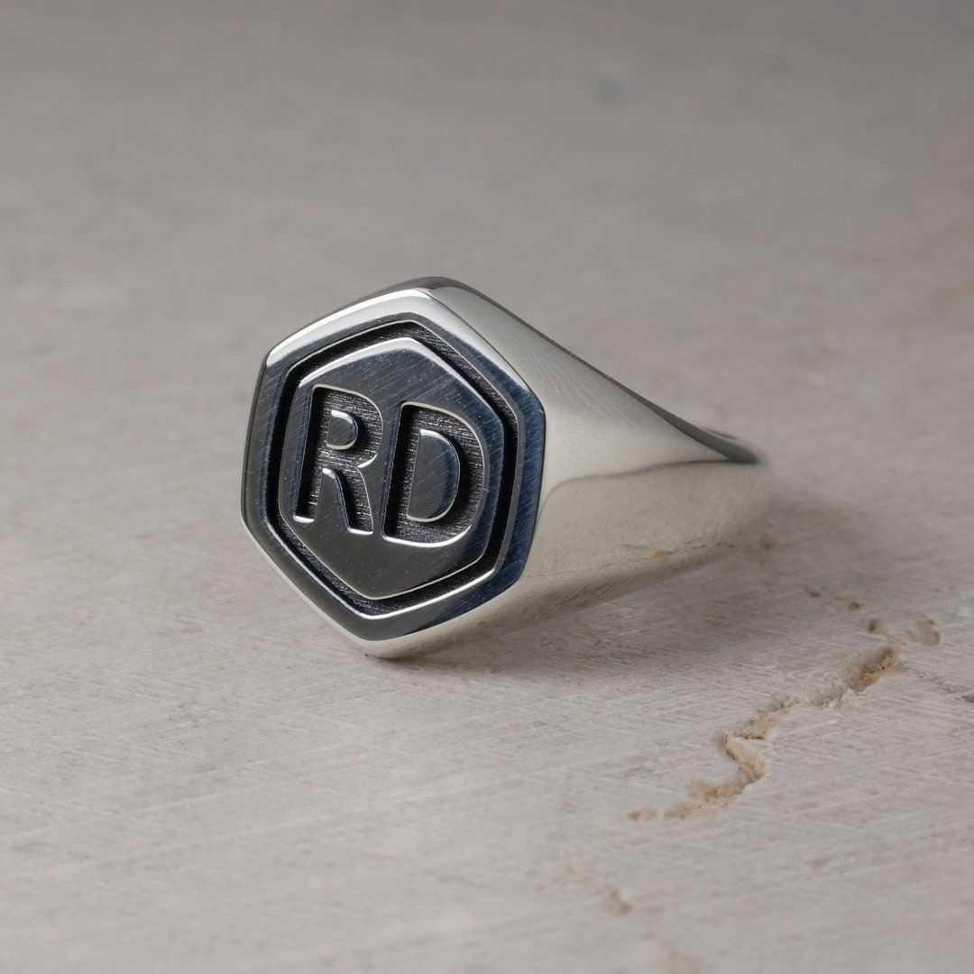 Custom Made Hexagon Shape Alphabet Signet Ring, Personalized Initial ...