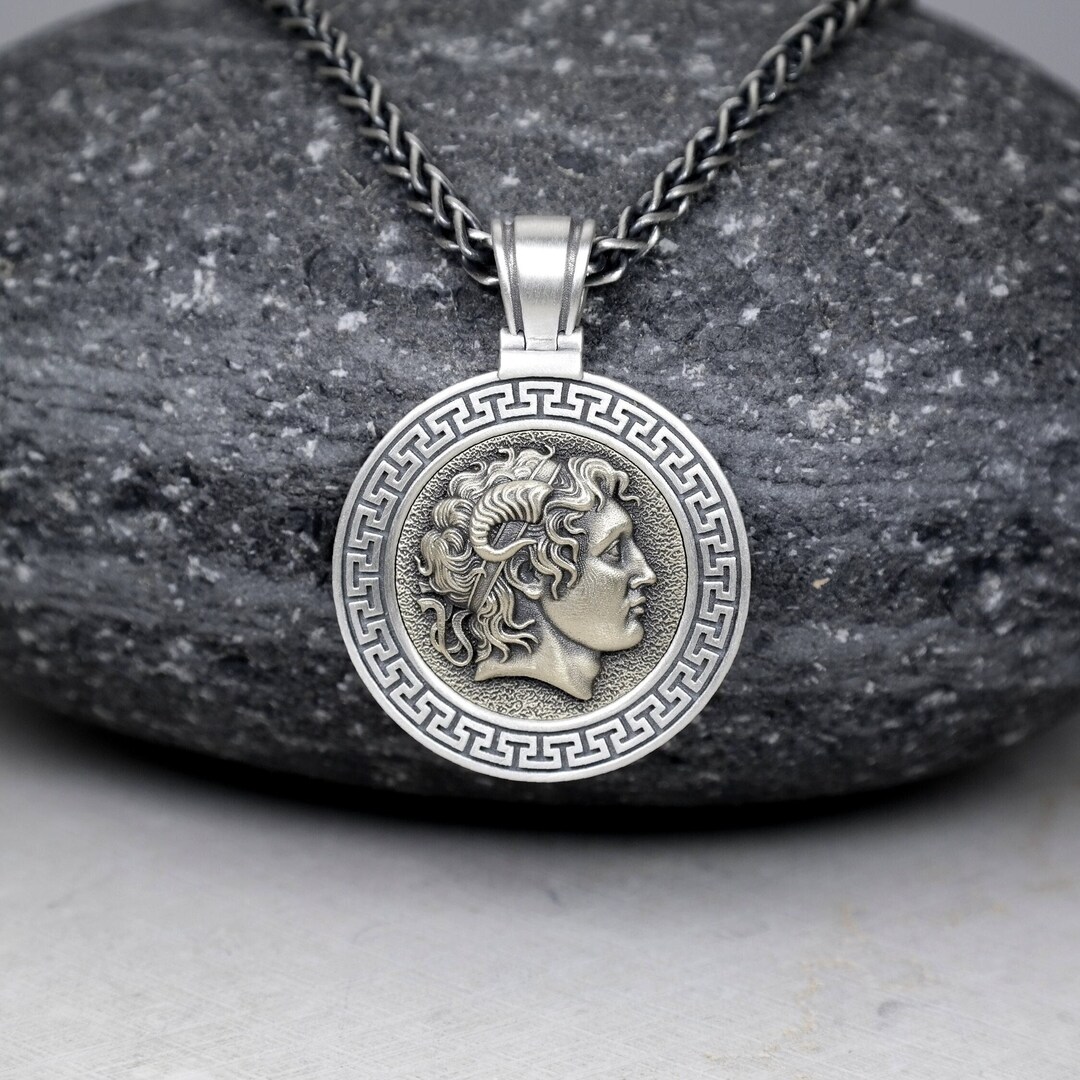 Men Round Silver Pendant, Alexander the Great Silver Necklace, Ancient ...