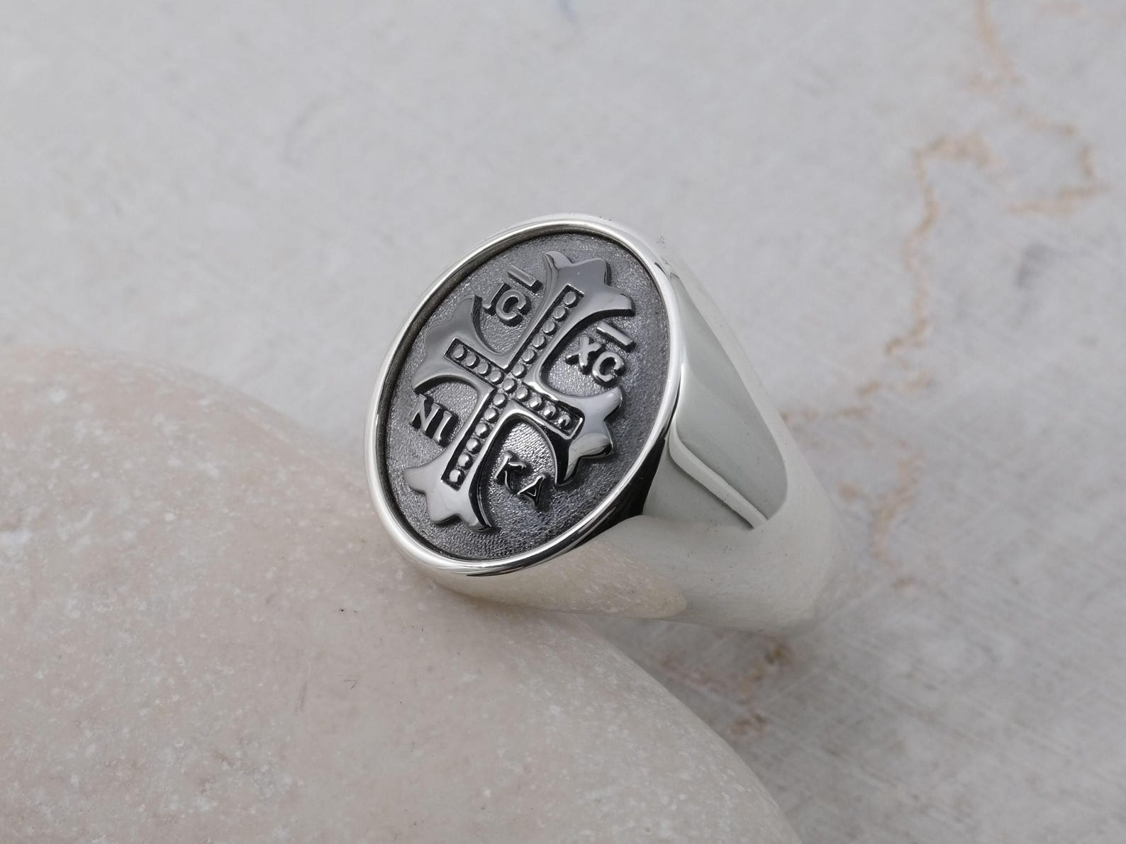 Oval, IC XC NIKA, Sterling Silver Ring, Black Rhodium Cross, Signet ...