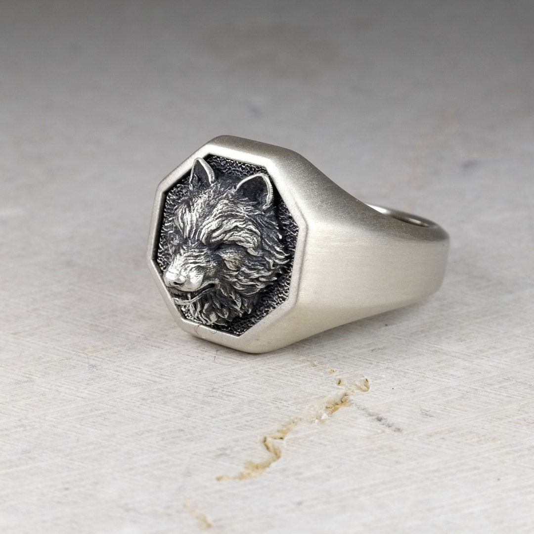 Alpha Wolf Men Ring, 3D Wolf Head Signet Ring, Sterling Silver 925 ...