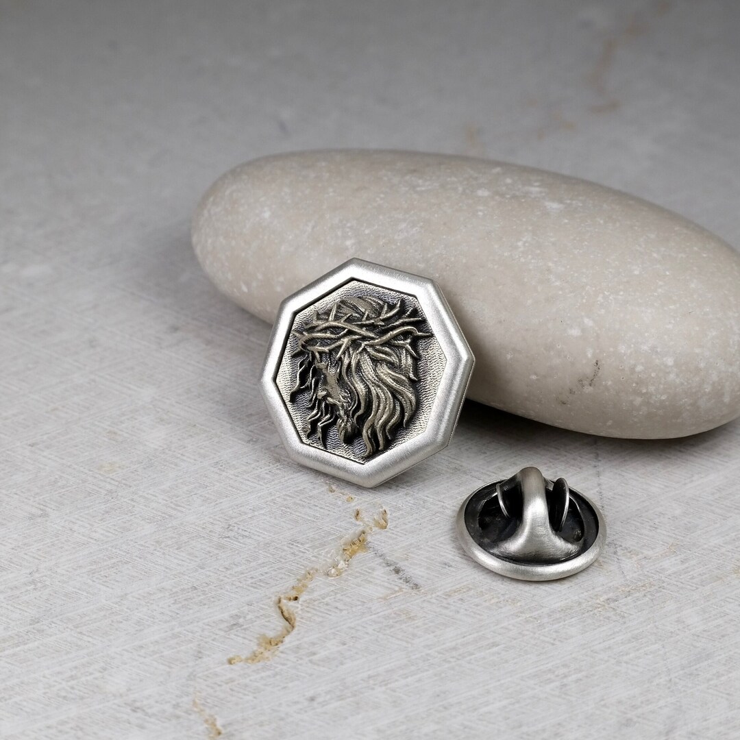 Octagon Pin Jesus Christ, Sterling Silver 925, Men's Brooch Pin, Jesus ...