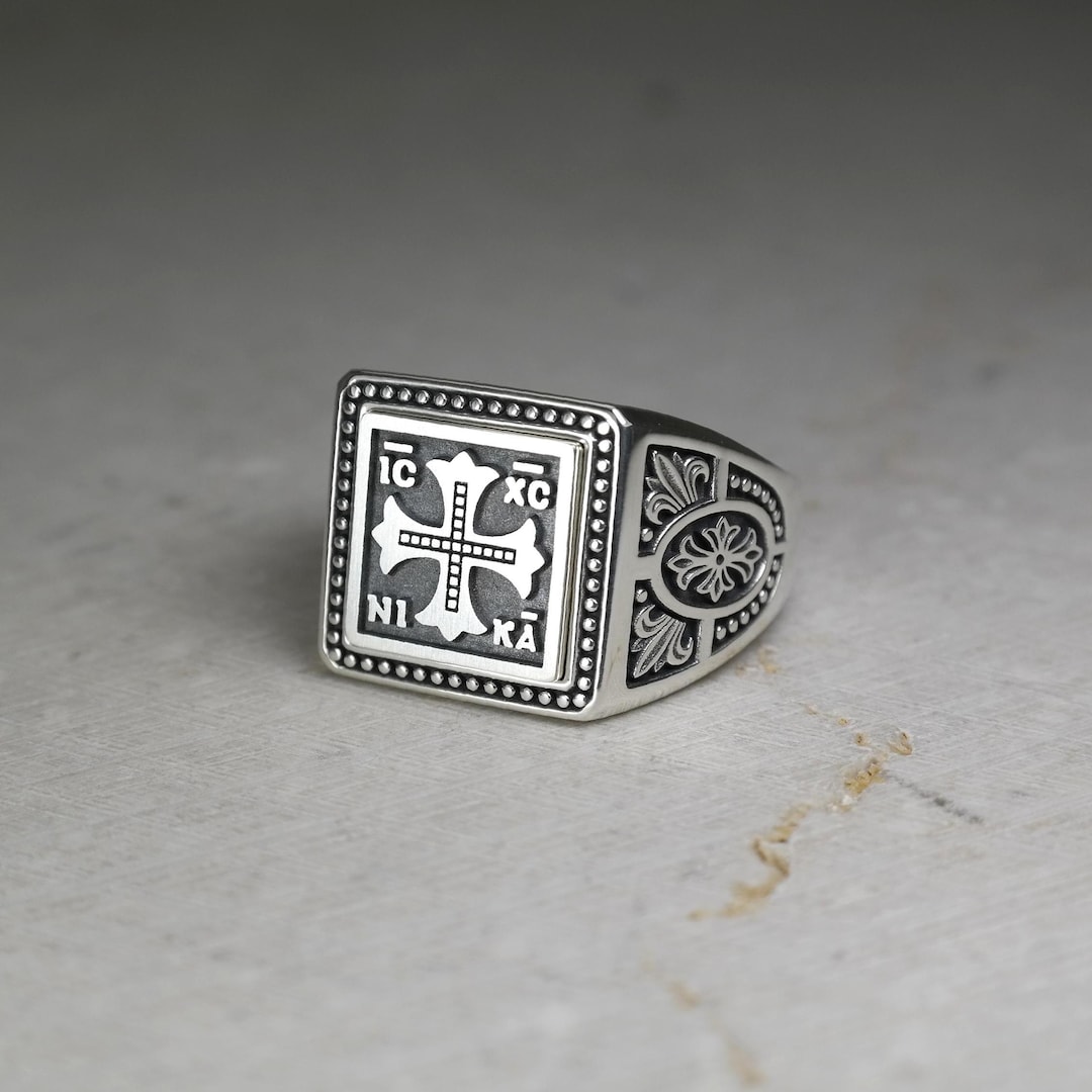 Byzantine Cross IC XC NIKA Signet Mens Ring With Fleur De Lis Design ...