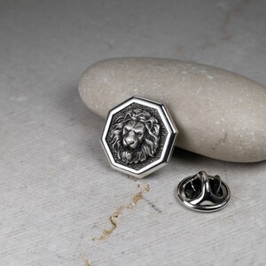 Octagon Pin Lion, Sterling Silver 925, Men's Brooch Pin, Lion Head ...