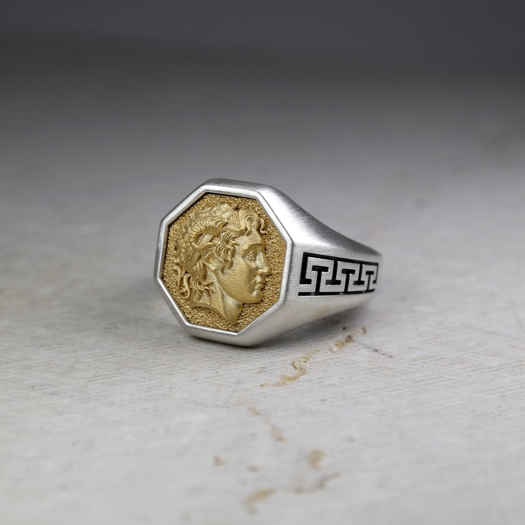 Alexander the Great Signet Ring, Real Silver With Gold Plated Icon ...