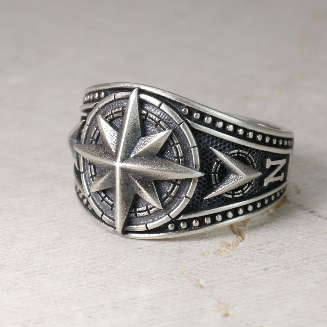 Compass Wind Rose Ring, Traveler North Star Unisex Wedding Bands ...
