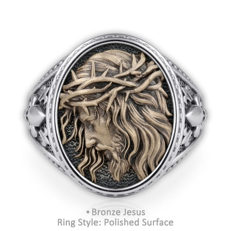Mens Silver Signet Ring With Jesus Christ Face and Ringside View Fleur ...