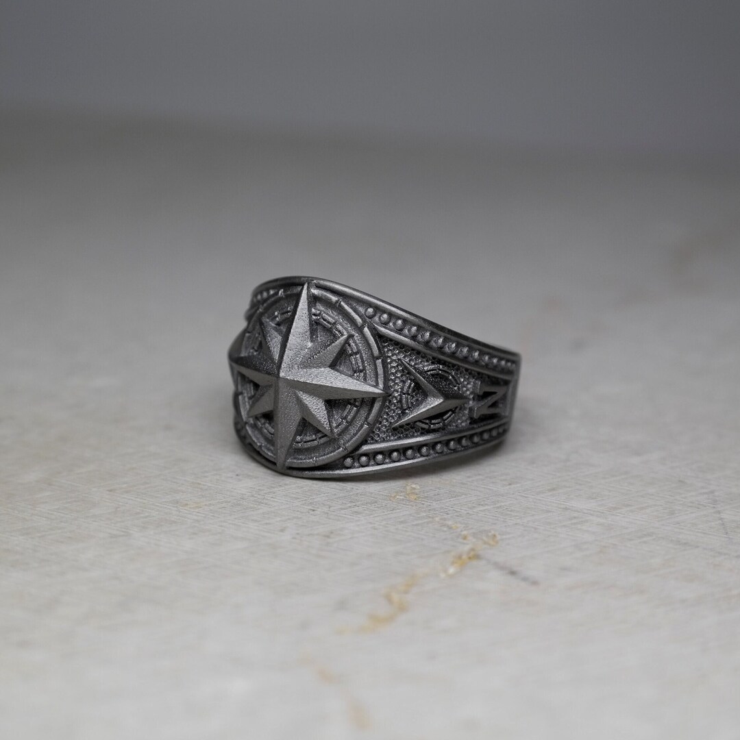 Ruthenium Plated North Star Ring, Compass Wind Rose Band, Unisex Black ...