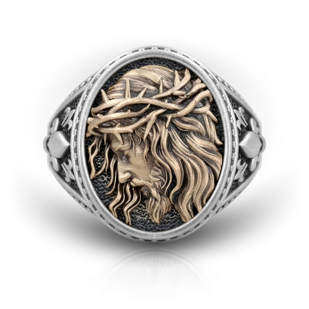 Mens Silver Signet Ring With Jesus Christ Face and Ringside View Fleur ...