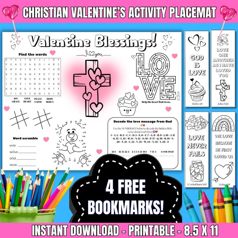 Valentine's Day Bible Lesson Printable, Bookmarks, Placemat (PDF) - Etsy