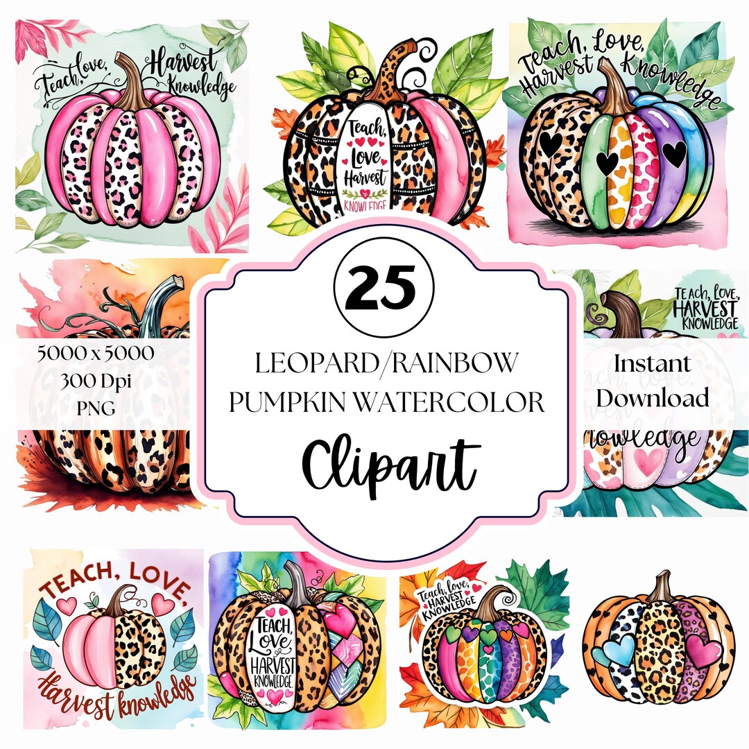 Pastel and Rainbow Watercolor Leopard Print Pumpkin Clip Art Bundle for ...