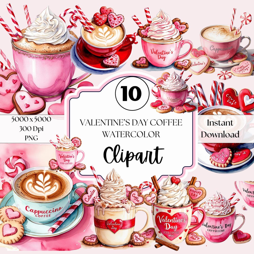 Valentine's Day Coffee Clipart - Cute Coffee Mug Graphics - Digital ...
