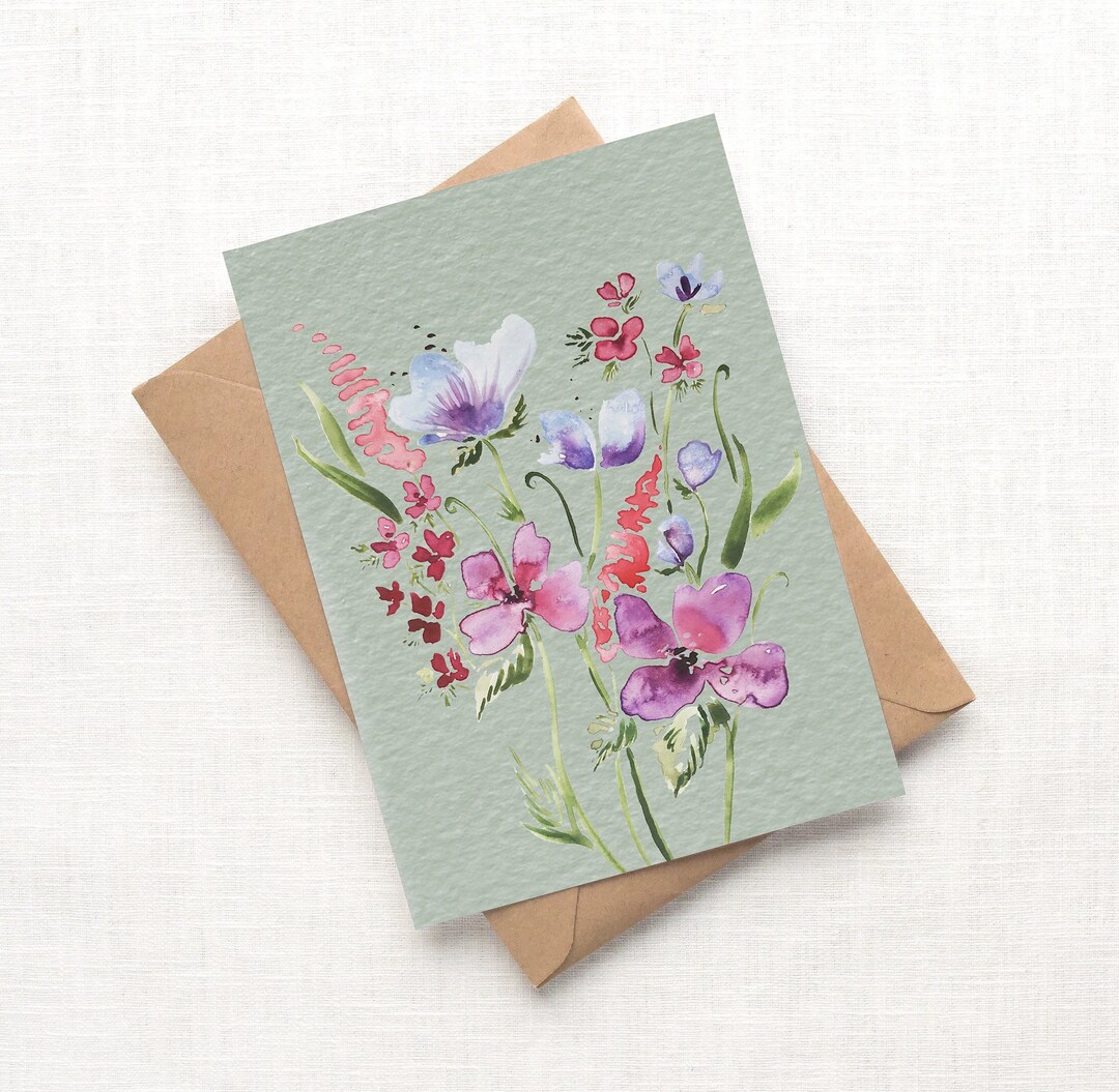 Sage Floral Watercolour Pack of Cards / Eco Friendly 4 or 8 Pack ...