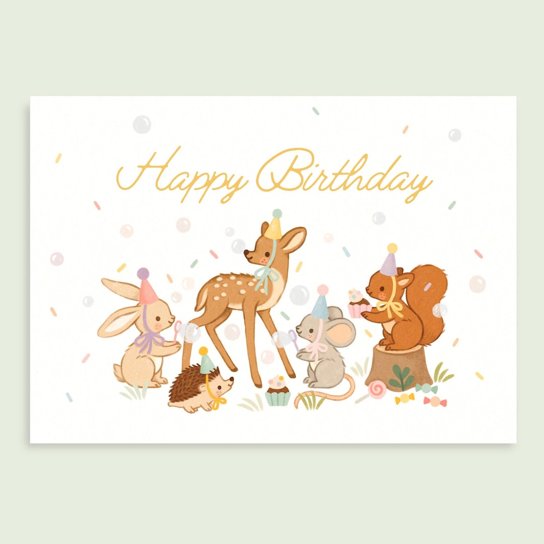 Woodland Animals Birthday Card: Editable Canva Template (7x5 Inch) - Etsy