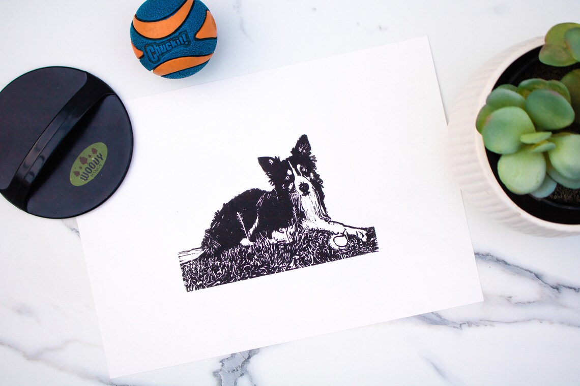 Tri Border Collie Lover Lino Print With Tennis Ball | Linocut Dog Art ...