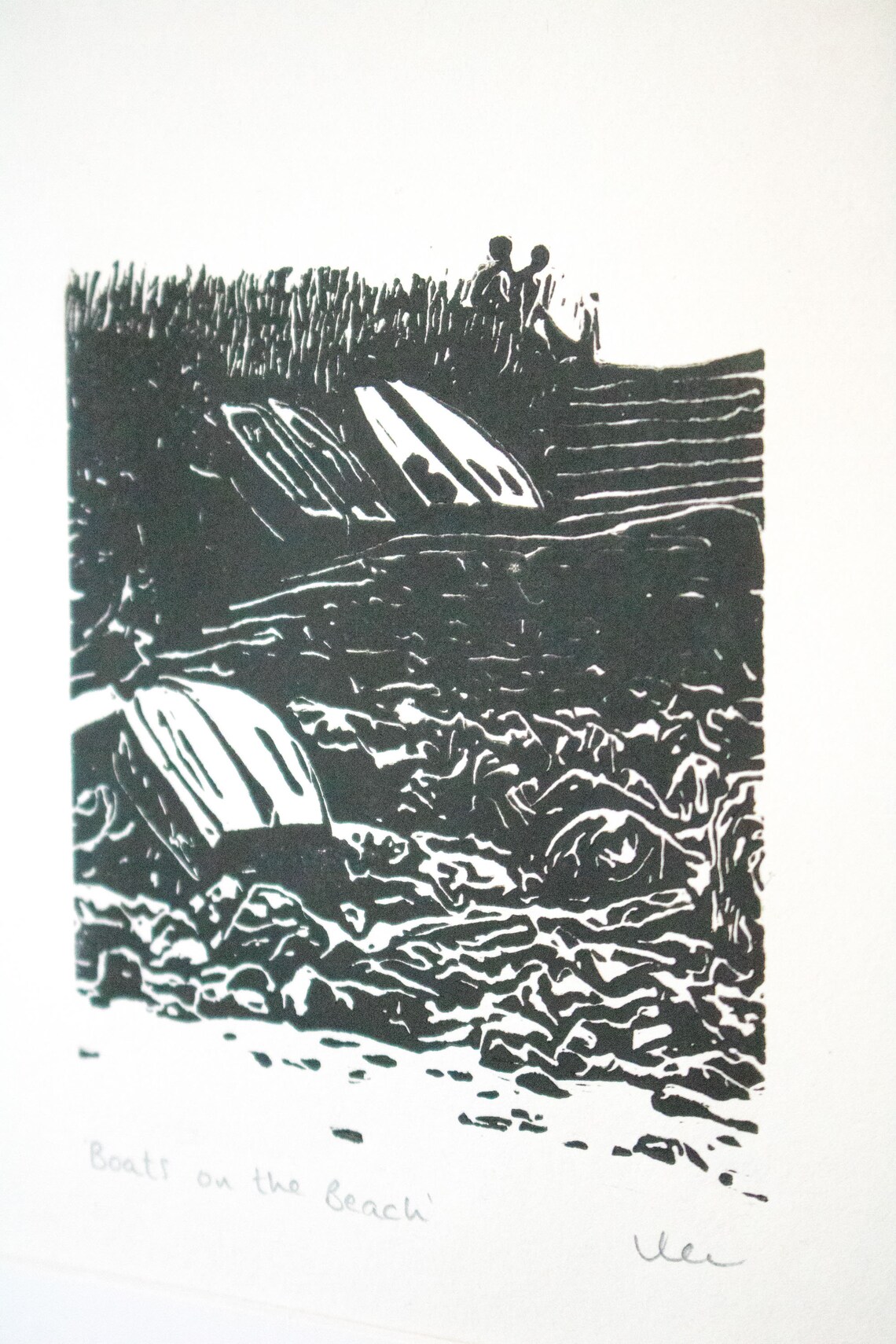 Linocut Boats Art on the Beach in Brittany, France, Nautical Decor ...