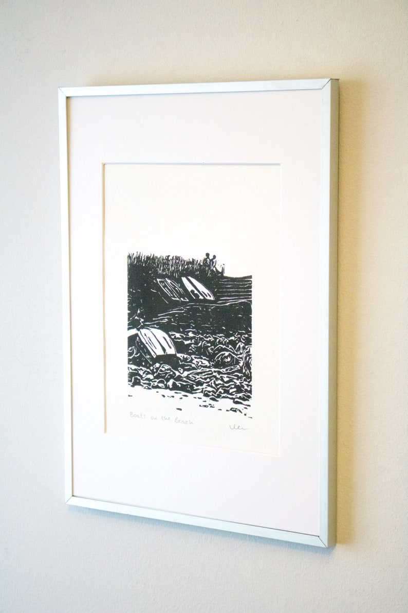 Linocut Boats Art on the Beach in Brittany, France, Nautical Decor ...