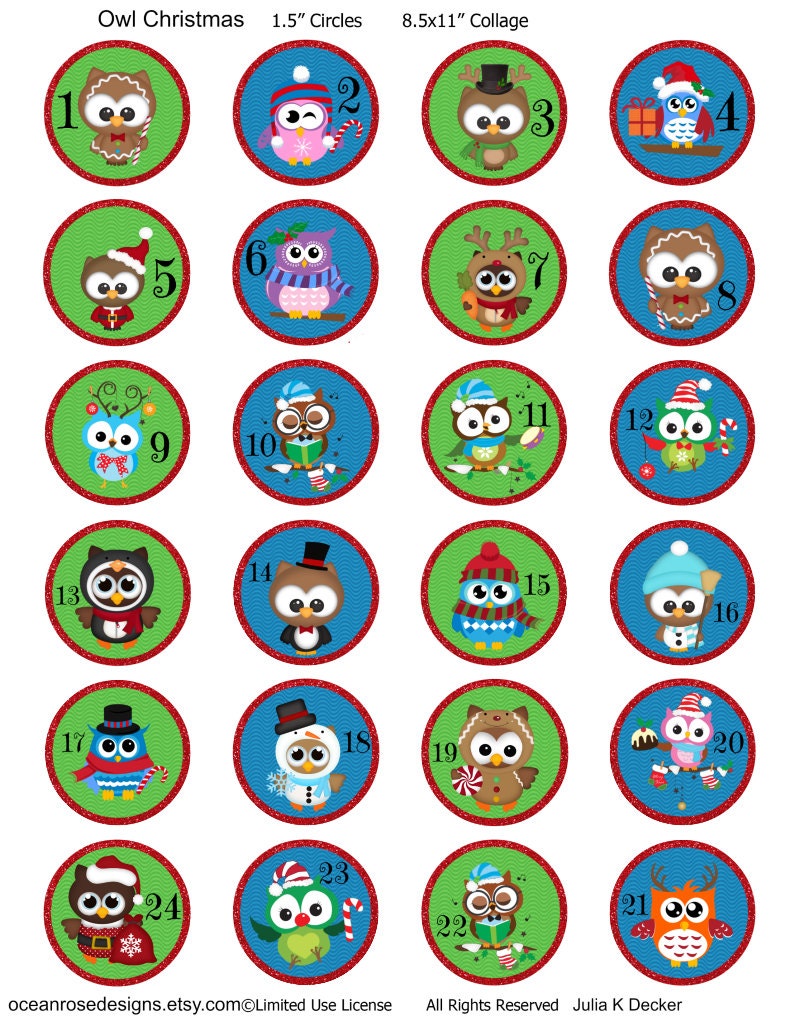Owl Christmas Count Down Advent Calendar Digital Collage Sheet ...