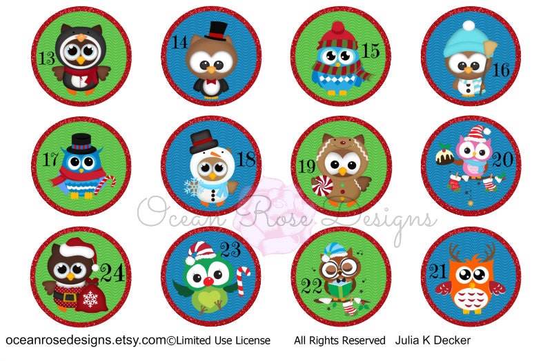 Owl Christmas Count Down Advent Calendar Digital Collage Sheet ...