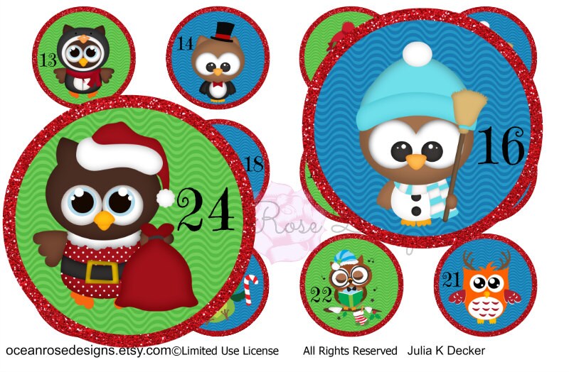 Owl Christmas Count Down Advent Calendar Digital Collage Sheet ...