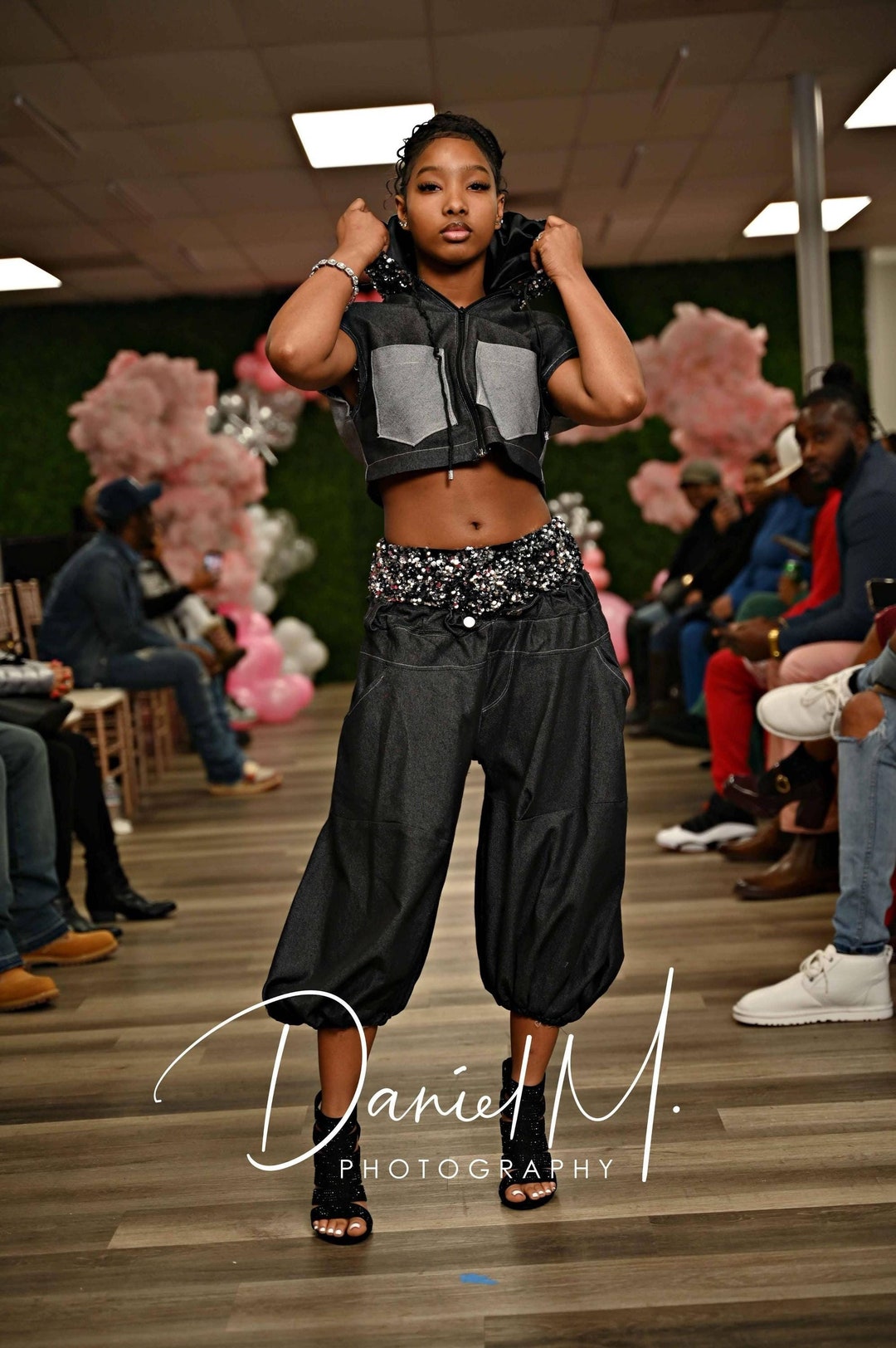 Edgy off Black Denim and Sequin Two-piece Set, Cropped Zipper Jacket ...