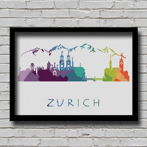 Cross Stitch Pattern Zurich Switzerland Silhouette Watercolor Effect ...