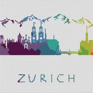 Cross Stitch Pattern Zurich Switzerland Silhouette Watercolor Effect ...