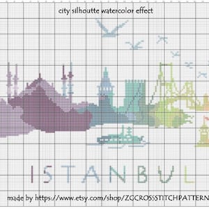 Cross Stitch Pattern Istanbul Turkiye City Silhouette Watercolor Effect ...
