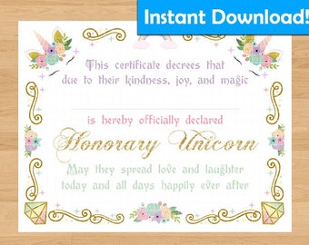 Unicorn certificate | Etsy