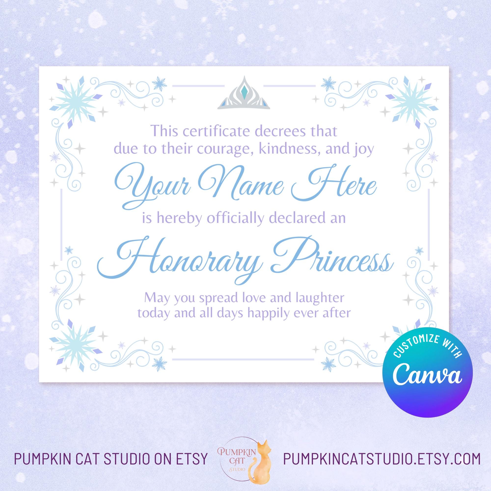 Frozen Elsa Themed Princess Certificate - 11x8.5" - Editable Canva ...