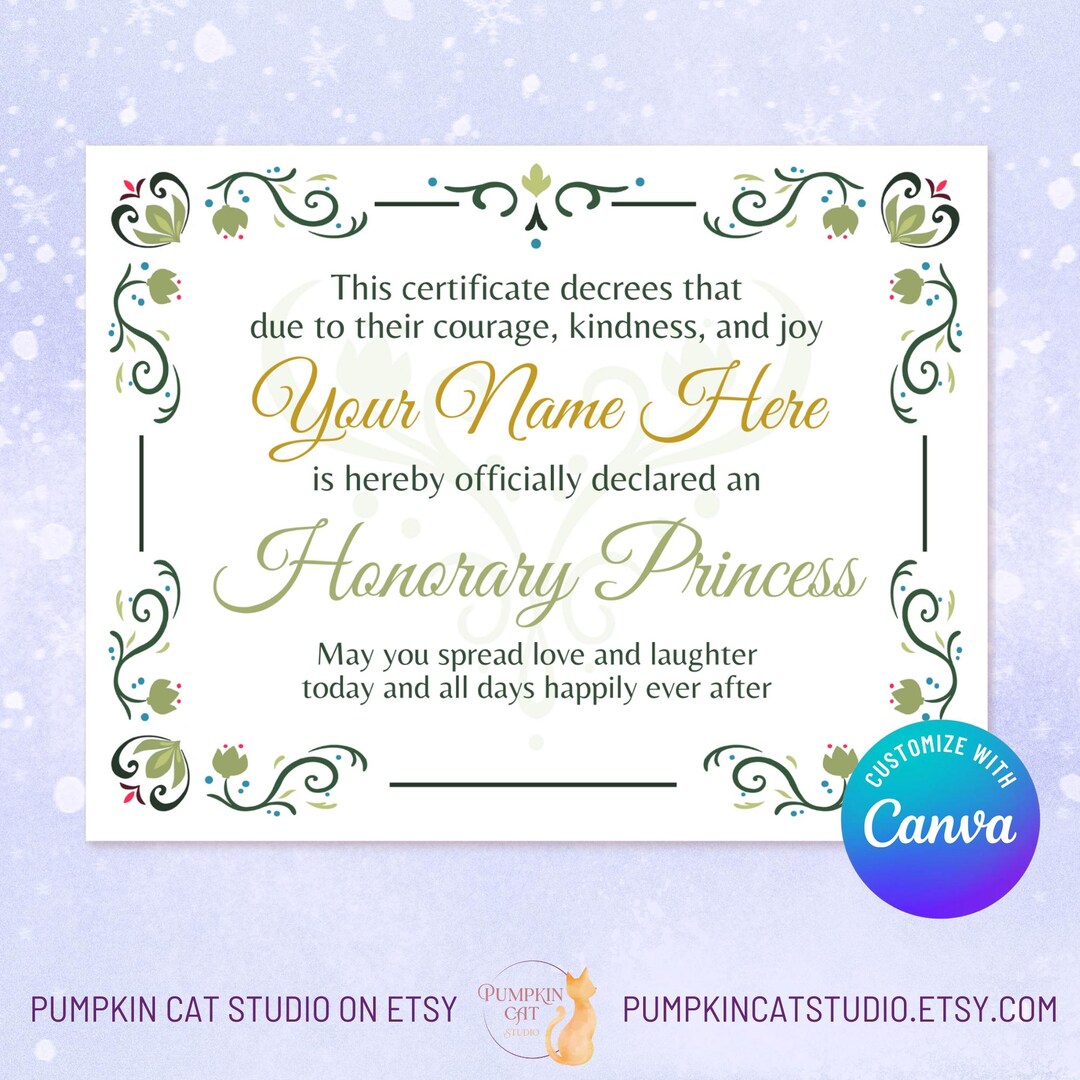 Coronation Anna Themed Princess Certificate - 11x8.5" - Editable Canva ...