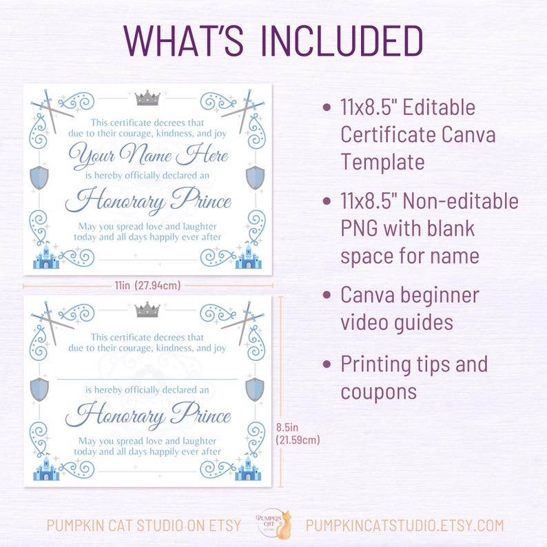 Prince Certificate - 11x8.5" - Editable Canva Template, Personalized ...