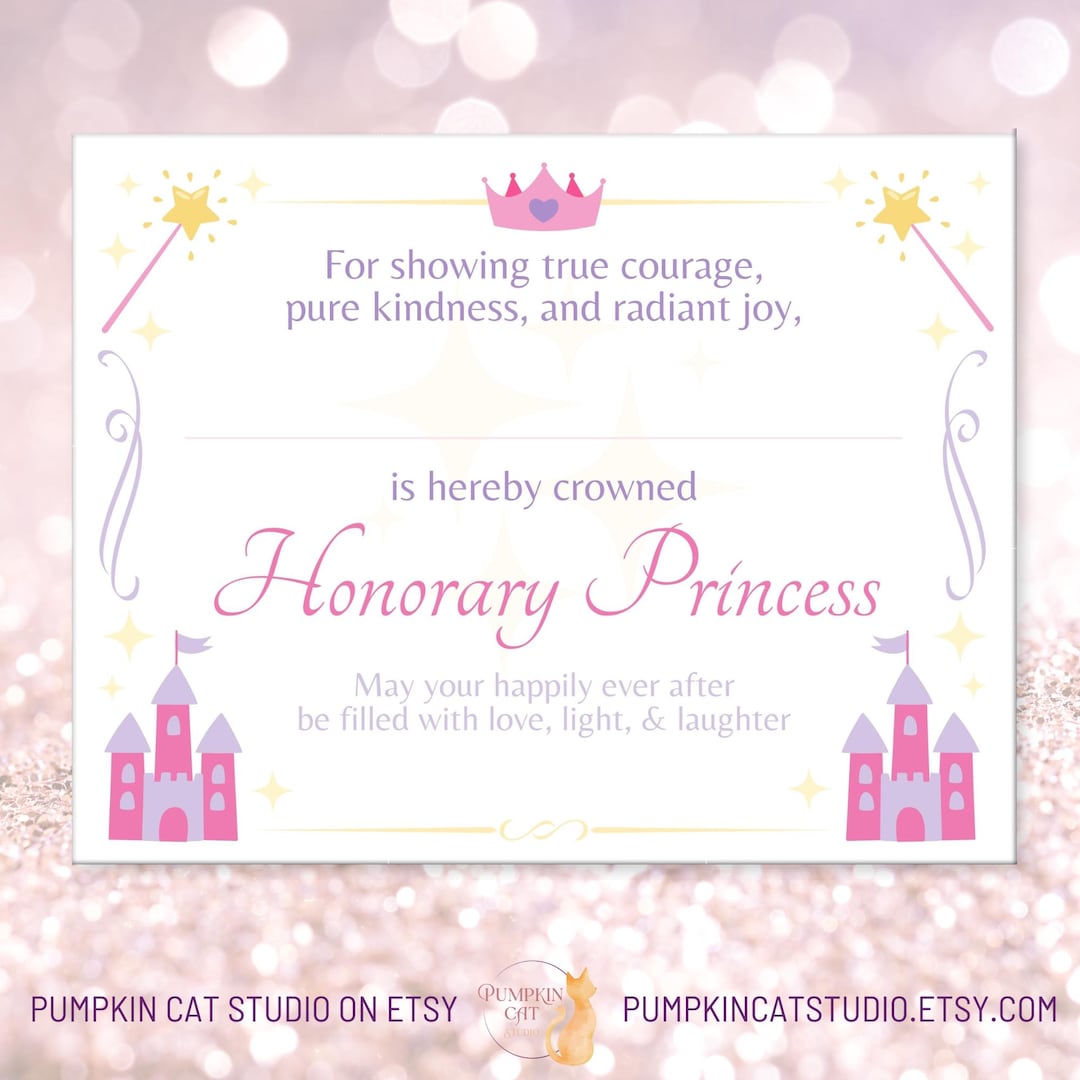 Honorary Princess Certificate - Princess Birthday Party Favor and ...
