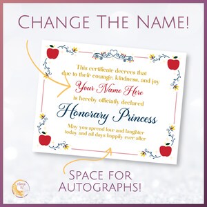 Custom Honorary Princess Certificate Personalized Snow White Themed ...