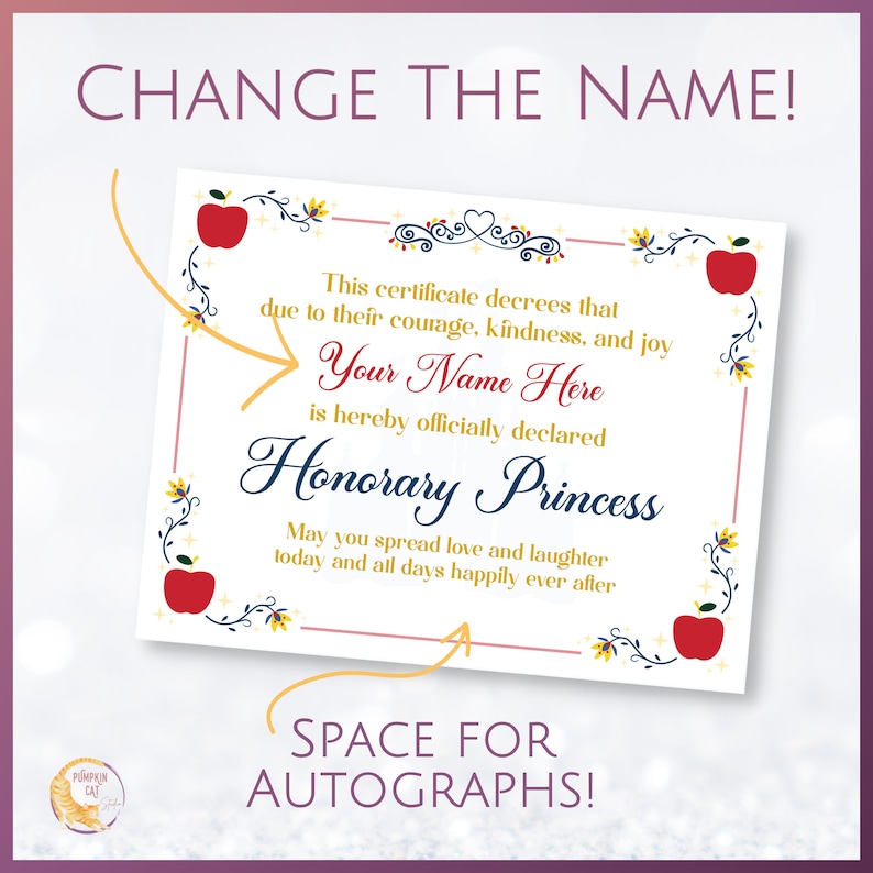 Custom Honorary Princess Certificate Personalized Snow White Themed ...